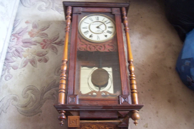 ANTIQUE WALL CLOCK Parquetry Inlaid Case H Samuel Manchester ...