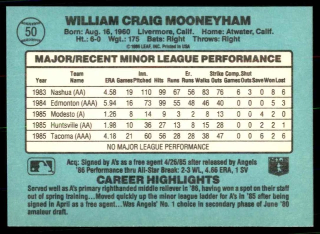 1986 DONRUSS THE Rookies Bill Mooneyham recrue Oakland Athletics #50 ...