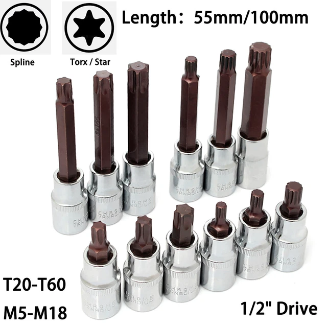 TORX STAR & Spline Socket Bit Set T20-T60,M5-M18 1/2" Drive Sockets ...
