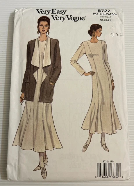 VOGUE 8722, 90S Sewing Pattern Sizes: 18-20-22 Ladies' Jacket & Flared ...