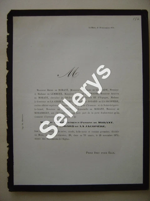 FAIRE PART DÉCÈS Jeanne Clémence Perrine de Morant Née de BODARD de La ...