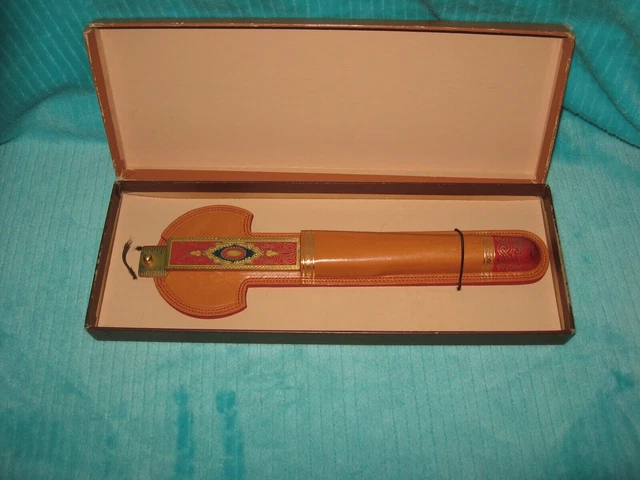 VINTAGE LEATHER CASE Letter Opener Ruler Germany 1950"s Desktop Set ...