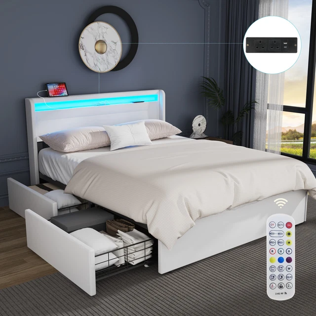 DOUBLE SIZE BED Upholstered Bed Frame With LED and 4 Drawer Storage,USB ...