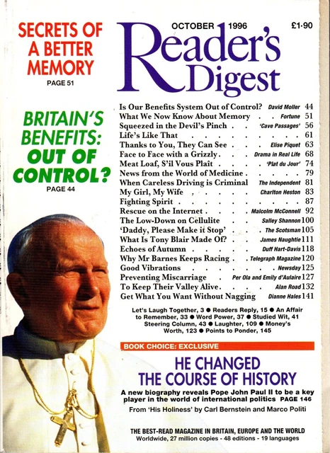 VOL. 149 NO. 894 Oct 1996 Readers Digest Magazine - Russell Twisk (editor) - ... £3.99 - PicClick UK