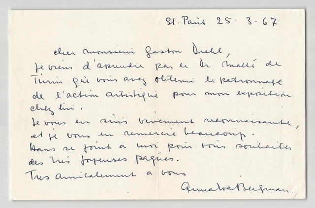 ANNA EVA BERGMAN - Lettre autographe signée à G. Diehl - Vernissage à ...