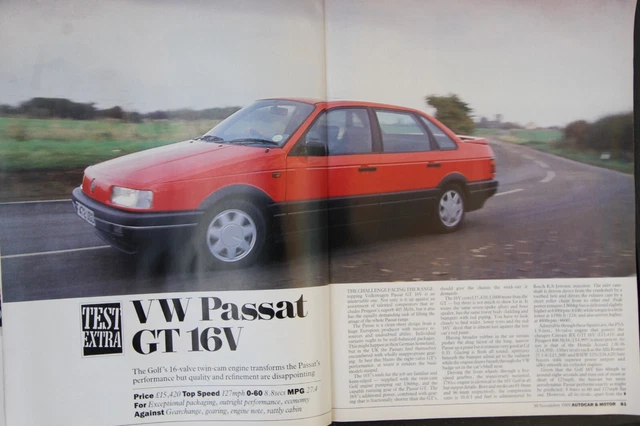 ORIGINAL 1988 AUTOCAR extracted magazine road test: VW PASSAT GT 16v £7 ...