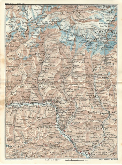 CARTA GEOGRAFICA ANTICA VALLE D' AOSTA MONTE ROSA CERVINO 1914 Old ...
