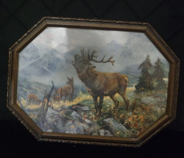 ALTES BILD HINTER Glas Röhrender Hirsch Metallrahmen 8 eckig EUR 11,50 ...