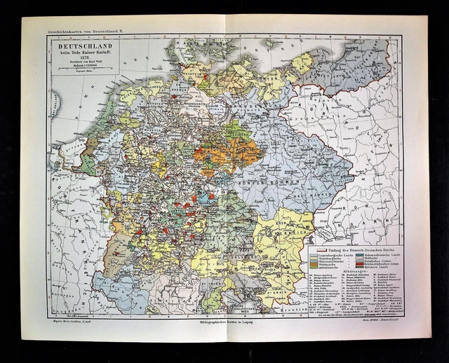 1902 ORIGINAL MAPPA Geografica: GERMANIA - DEUTSCHLAND all'anno 1378 ...