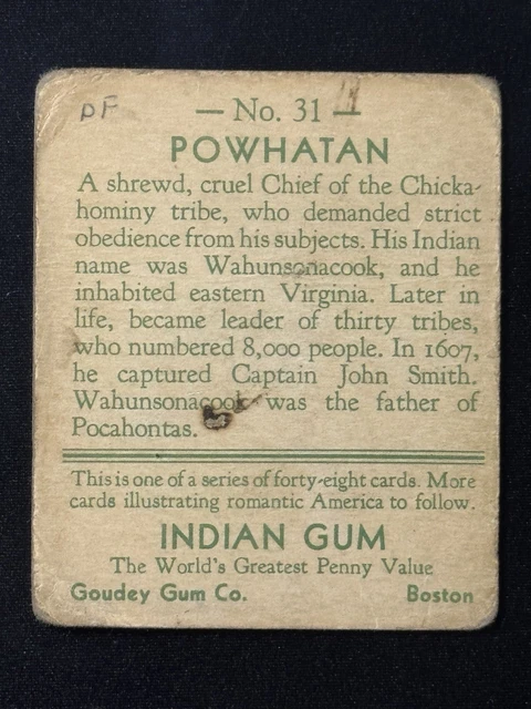 ORIGINAL 1933 GOUDEY Indian Gum - Chief POWHATAN - Pocahontas’s Father ...