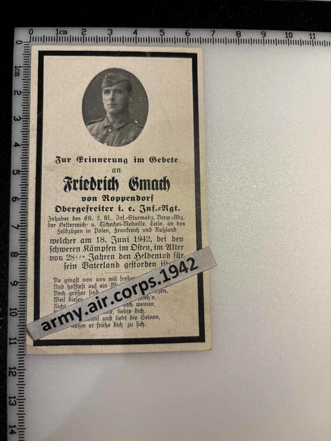 WW2 ORIGINAL GERMAN Heer Sterbebild Death Card FRIEDRICH GMACH Ostfront ...