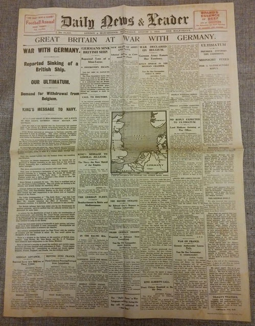 1914 NEWSPAPER WORLD War I Antique II Britain Declares War on Germany ...