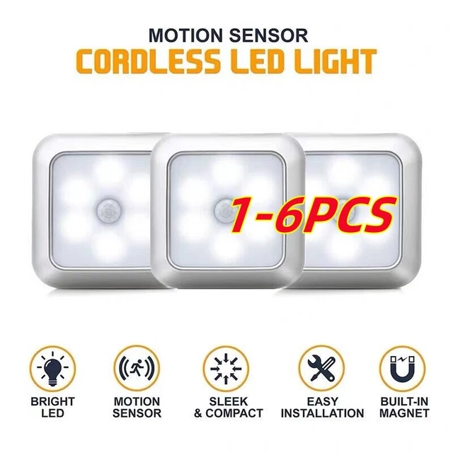 6 LED MOTION Sensor Lights PIR Wireless Night Light Battery Cabinet ...