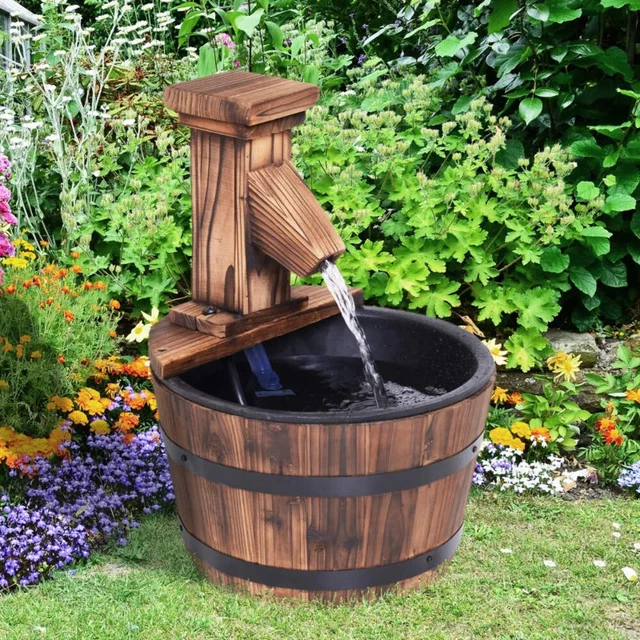 WOODEN HALF BARREL Water Fountain with Electric Pump £28.99 - PicClick UK