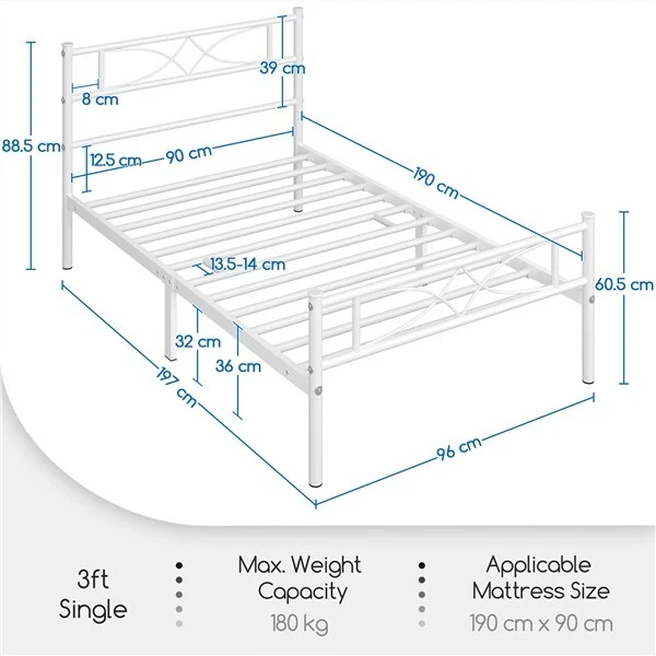 3FT SINGLE METAL Bed Frame with Curved Design Headboard, White Strong ...