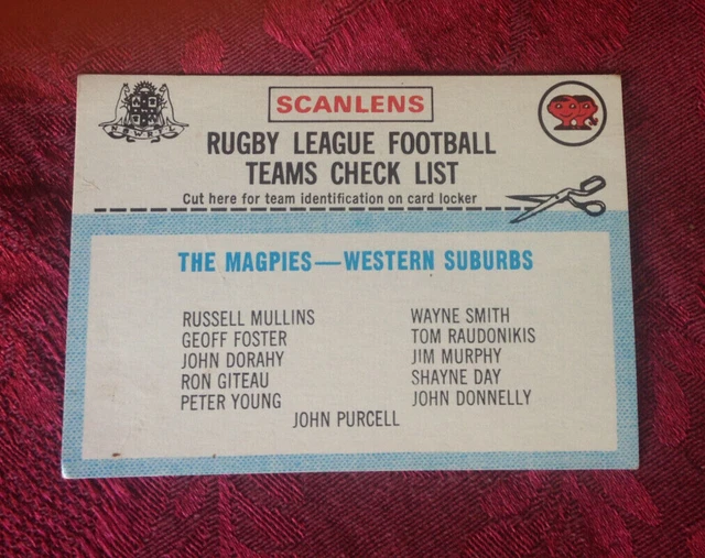 SCANLENS RUGBY LEAGUE Cards 1977 Unmarked Checklist Western Suburbs £4. ...