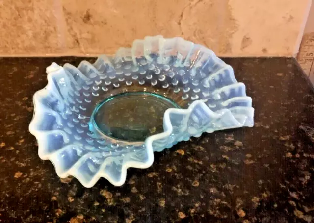 VINTAGE FENTON ART Glass Blue Opalescent Hobnail 6" Ruffled Bon Bon ...