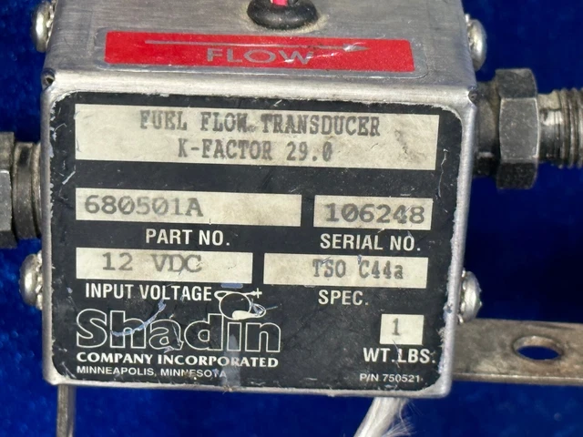 CESSNA 310 R FUEL FLOW TRANSDUCER K FACTOR 29.0 12volt - SHADIN P/N ...