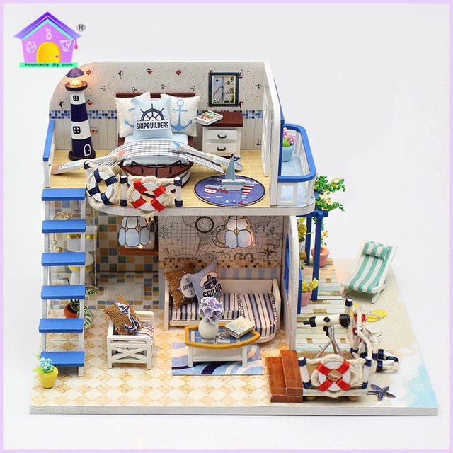 BLUE COAST MINI Villa 1:24 Scale DIY Dollhouse Miniature Wooden House ...