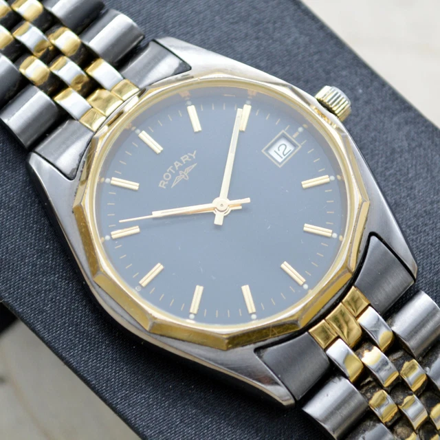 GENTS VINTAGE ROTARY 4333 Watch Retro Two-Tone Gunmetal Quartz Bracelet ...
