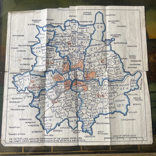 VINTAGE LONDON GREATER London Postal Code Map Hand Finished Filled In ...