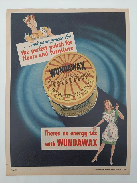 VINTAGE AUSTRALIAN ADVERTISING 1948 ad WUNDAWAX FLOOR POLISH tin art ...