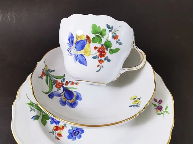 MEISSEN KAFFEEGEDECK KAFFEETASSE Gedeck 3 teilig bunte Blumen Gold Top ...