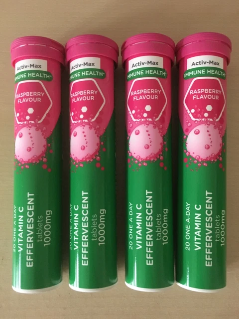 VITAMIN C 1000MG RASPBERRY FLAVOUR EFFERVESCENT 4X20 TABLETS ACTIV-MAX ...