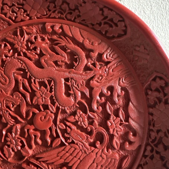 QING DYNASTY CINNABAR Lacquer Hand Carved Dragon Phoenix 8 Inch Plate £ ...