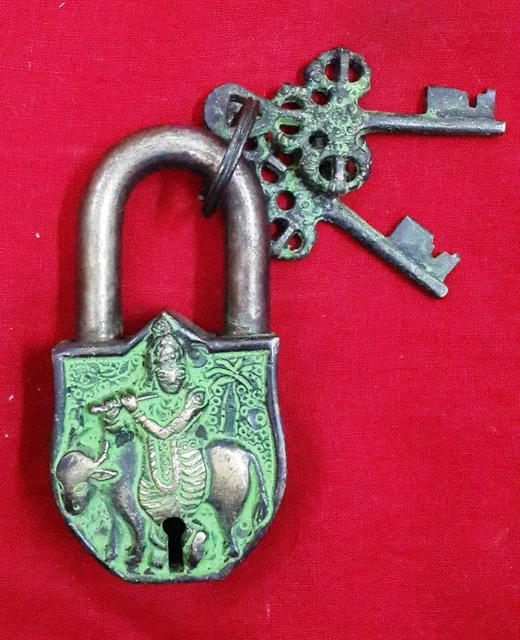 HINDU LORD KRISHNA Design Lock Handmade Brass Safety Lock Door Padlock ...