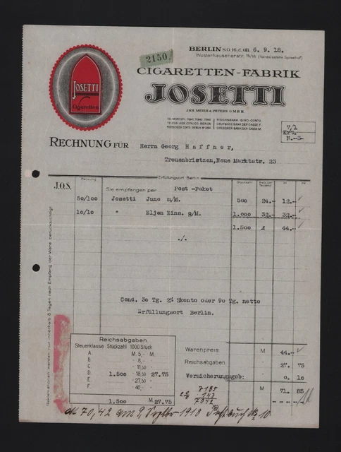 BERLIN, RECHNUNG 1918, Zigaretten-Fabrik Josetti Inhaber Meier & Peters ...