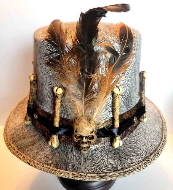 SPIRIT HALLOWEEN GRAY Voodoo Top Hat Skull Bones Feather Witch Doctor ...