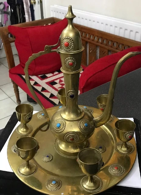 VINTAGE ARABIC BRASS Indian Islamic Jewelled Glass Dallah Aftaba Pot ...