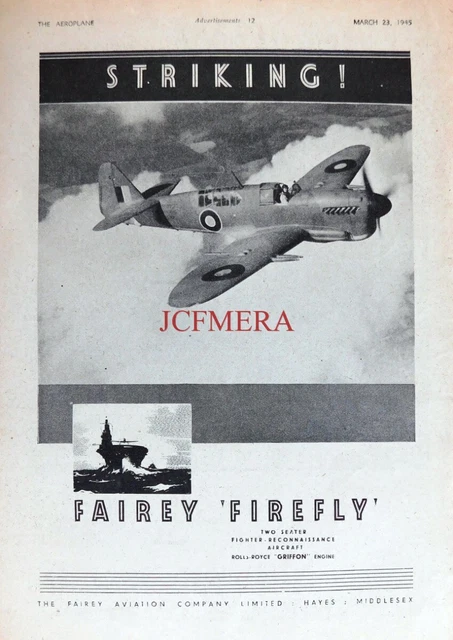 FAIREY 'FIREFLY' FIGHTER-RECONNAISSANCE Aircraft WW2 ADVERT #5 1945 ...