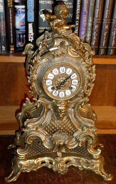 HUGE HEAVY ANTIQUE brass mantel clock, Hermle 130-070 movement, chime ...