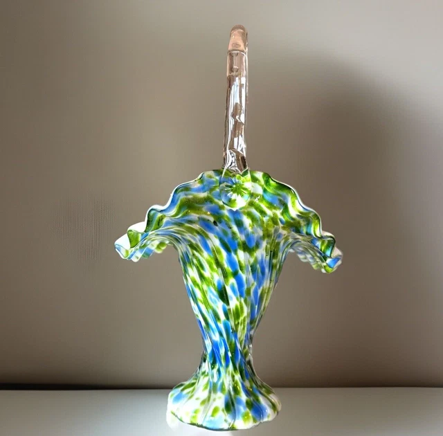 VTG FENTON VICTORIAN Splatter Confetti Glass Basket w/Handle Green Blue ...