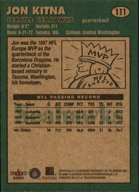 2000 FLEER TRADITION Glossy Seahawks Seattle Football Card #111 Jon ...