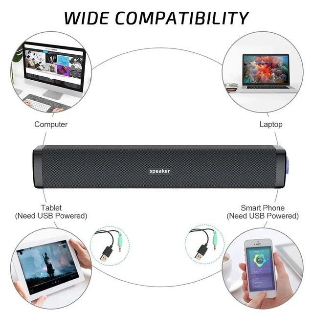 USB WIRED COMPUTER Speakers Portable Subwoofer Sound Bar For Laptop PC ...