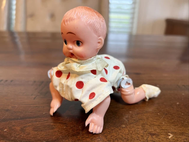 VINTAGE 1950’S WIND-UP Tin & Plastic Crawling Baby Japan WORKING ...