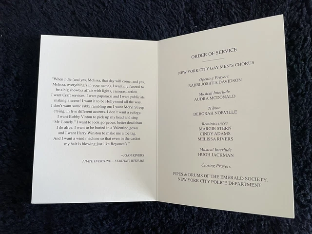JOAN RIVERS FUNERAL Program Temple Emanu-El 5th Ave New York September ...