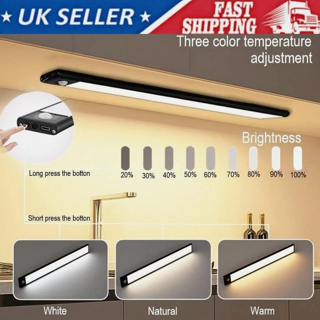 UK LED PIR Motion Sensor Strip Light USB Rechargeable Cabinet Closet ...