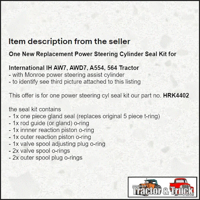 HRK4402 POWER STEERING Ram Seal Kit International IH A554 Tractor w ...