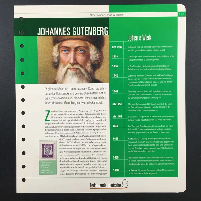 DEUTSCHE POST EDITION "Bedeutende Deutsche" Johannes Gutenberg ...
