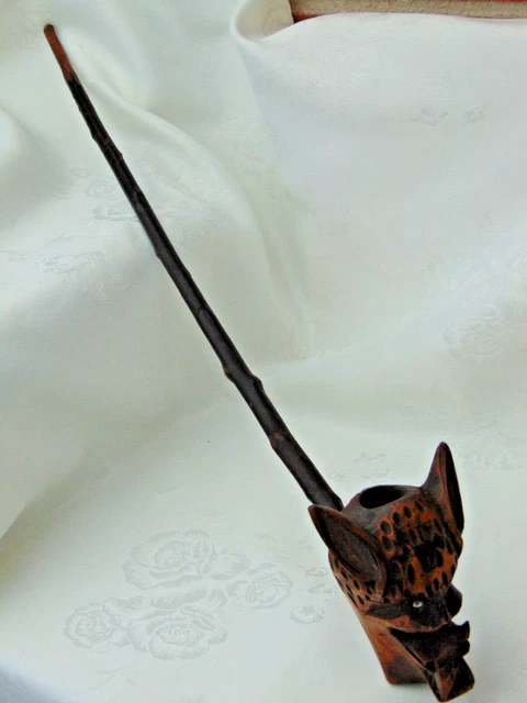 ANTIQUE HAND CARVED Chinese Figural Long Smoking Pipe Mythical Bat w ...