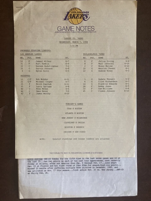 VINTAGE LA LAKERS Game Notes Lakers vs 76ers Magic Kareem Malone Erving ...