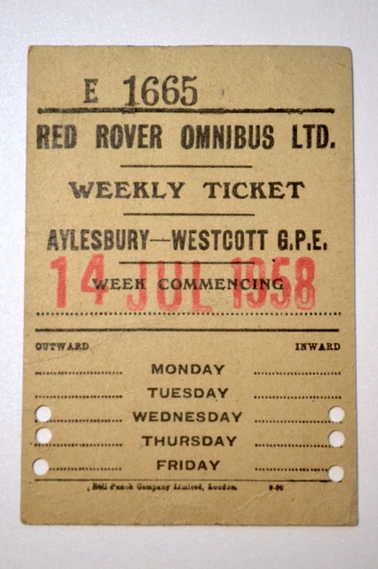 RED ROVER OMNIBUS Ltd Weekly Ticket Issued 1958 Aylesbury to Westcott ...