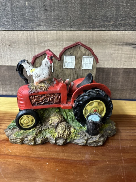 VINTAGE RESIN Sculpture Red Tractor with Rooster Barn -flaw $45.00 ...