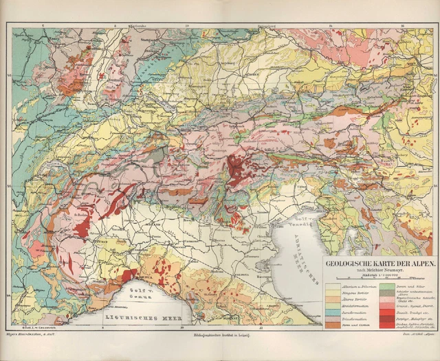 MAP MAP 1905: Geological map of the Alps. Scale: 1:3,000,000 Italy £17. ...