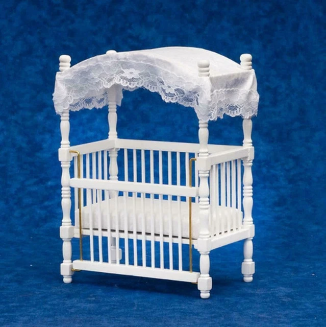 POUPÉES MAISON BOIS Blanc Lit Baldaquin Berceau Miniature 1:12 Maternelle Bébé EUR 31,20 ...