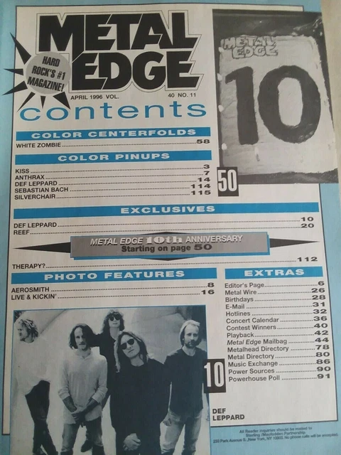 METAL EDGE MAGAZINE 10th Anniversary April 1996 Aerosmith Skid Row ...